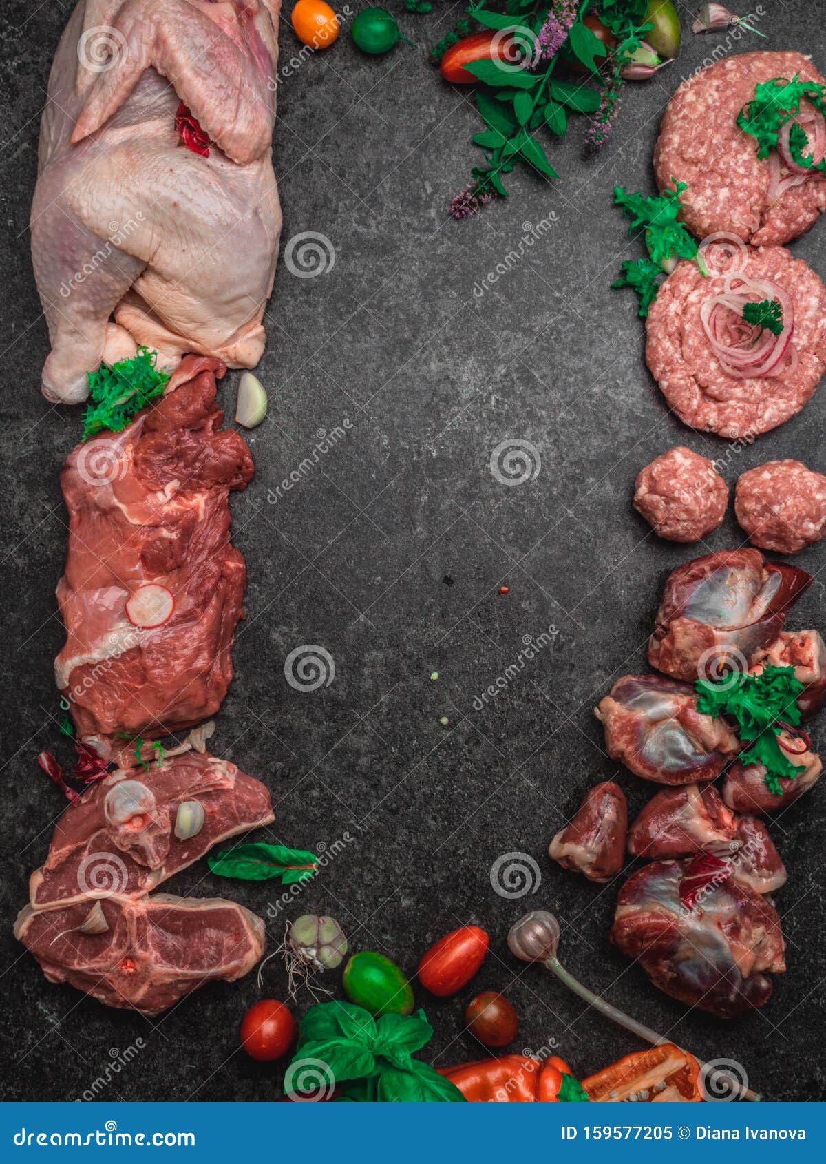 Assorted Raw Meat on Dark Background. Different Types of Meat and ...
