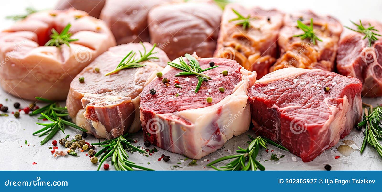 Assorted Raw Meat Products Divided by Vertical Lines in Collage with ...