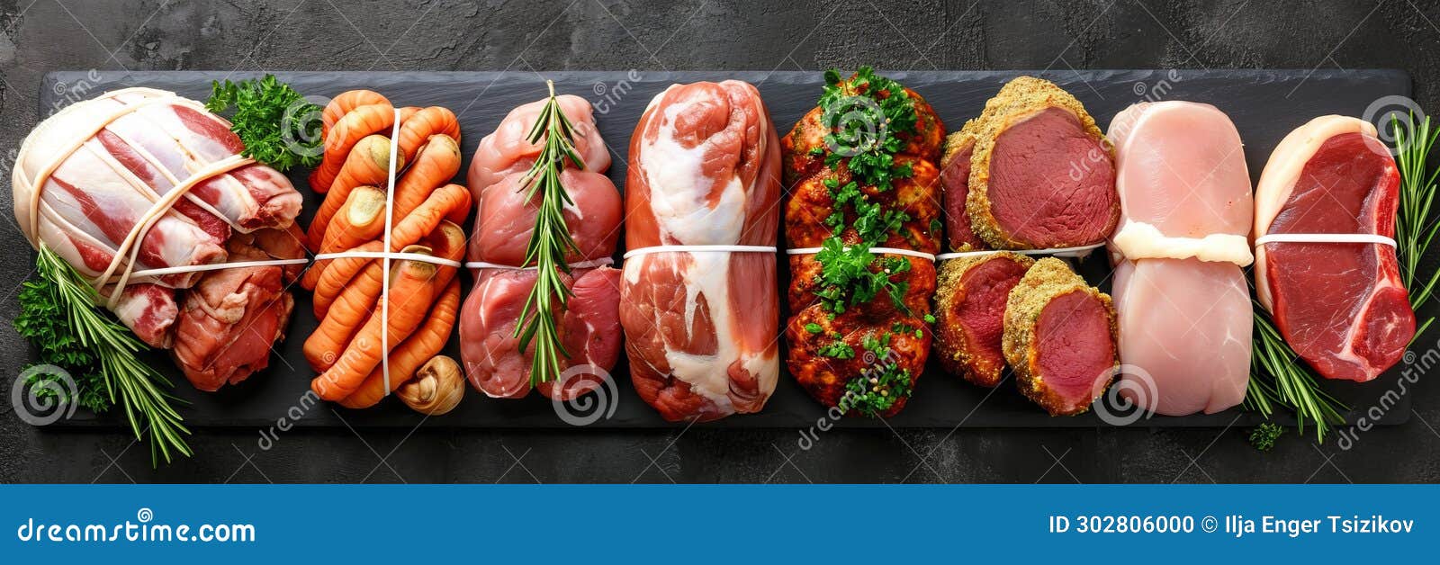 Assorted Raw Meat Products Divided with White Vertical Lines on Bright ...