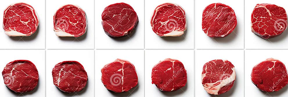 Assorted Raw Meat Products Divided with White Vertical Lines in Collage ...