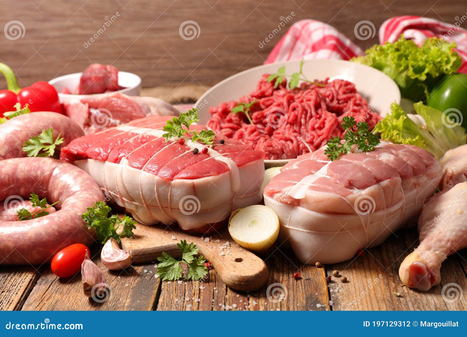 Assorted of raw meats stock photo. Image of composition - 197129312