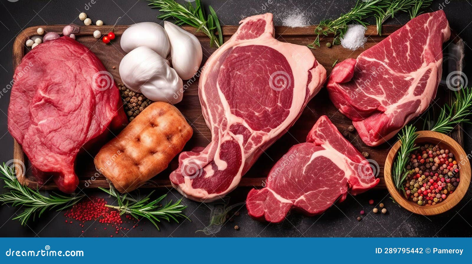 Assorted Raw Meats - Beef, Pork, Lamb, and Chicken - Set Against a ...