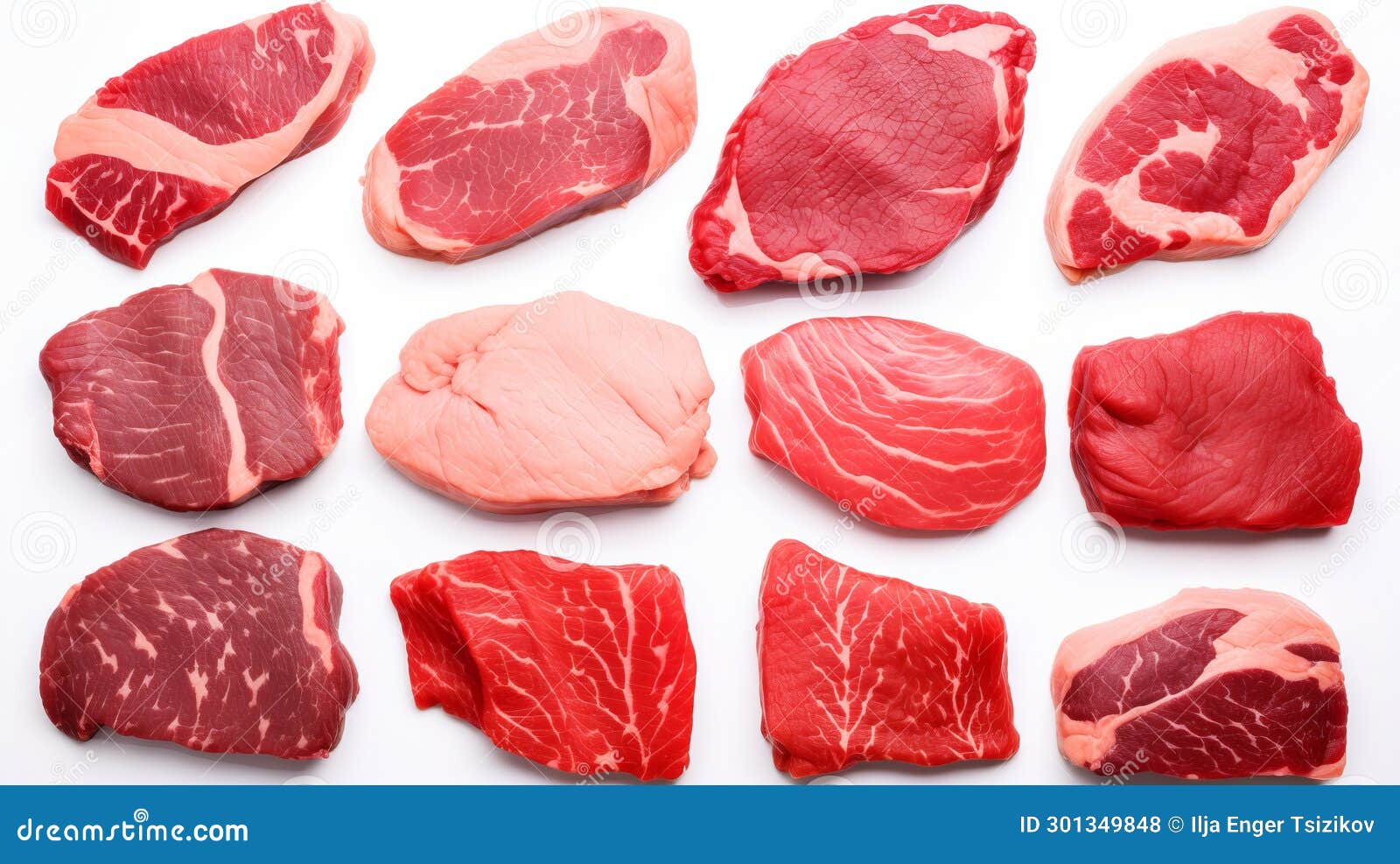 Assorted Raw Steaks Collection in Various Cuts and Types, Top View ...