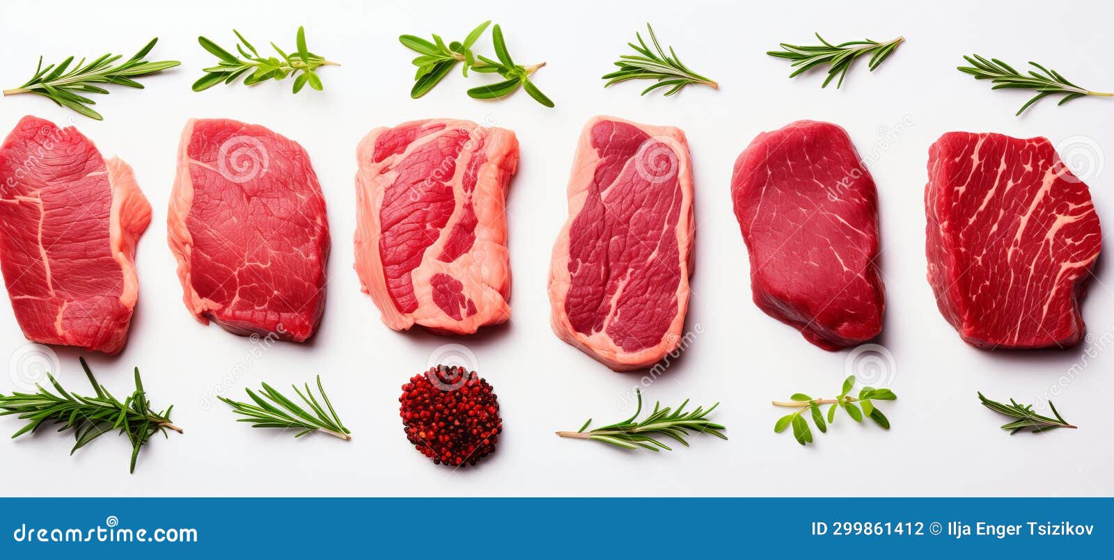 Assorted Raw Steaks Set, Top View of Different Cuts of Meat, Isolated ...