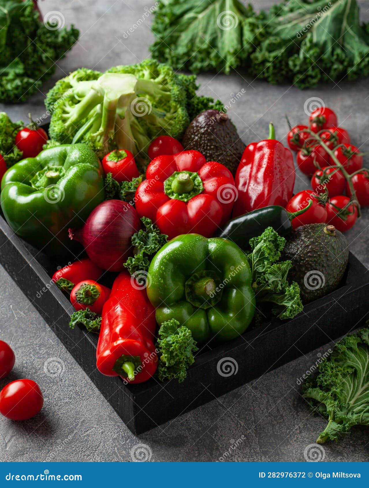 Assorted Red and Green Vegetables Tomatoes, Bell Peppers, Kale Avocado ...