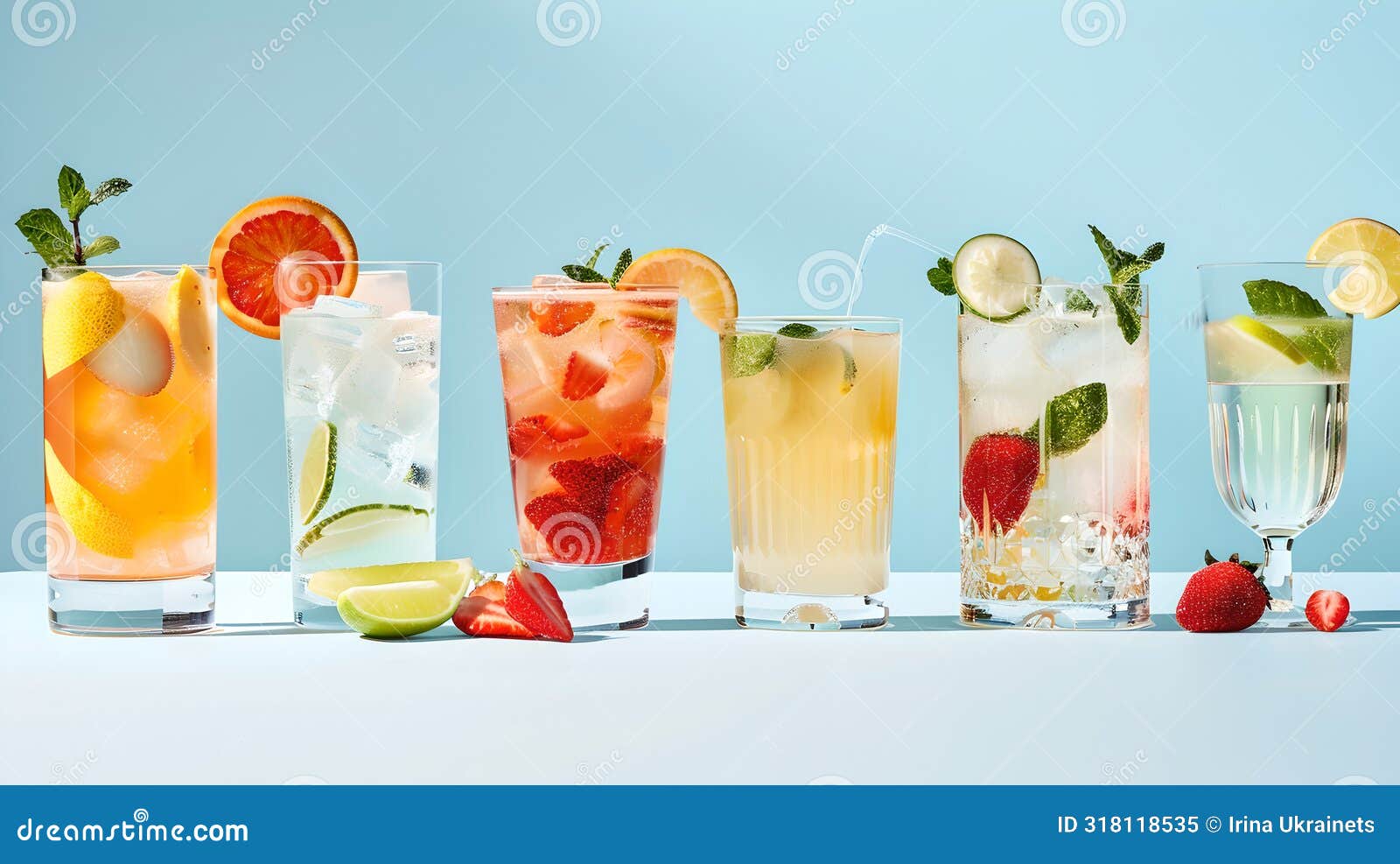 Colorful Array of Summer Drinks on Light Blue Background, Refreshing ...