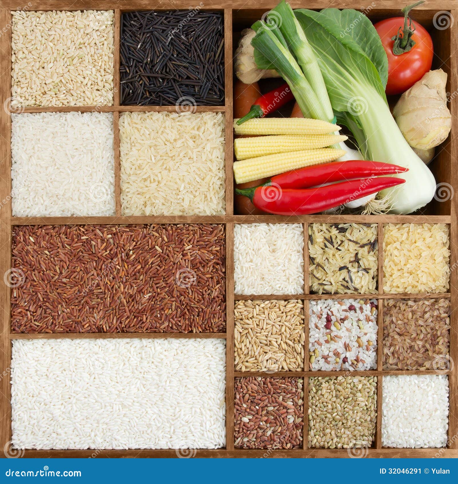 Assorted Rice in Rustic Wooden Box Stock Image - Image of seed ...