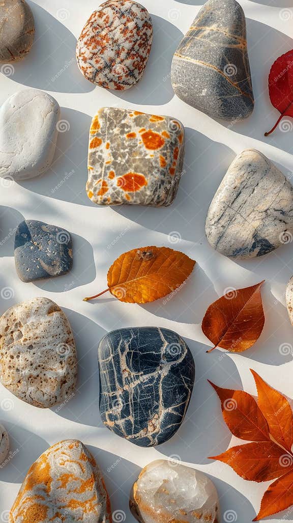 Assorted Rocks and Leaves on White Surface Stock Image - Image of white ...