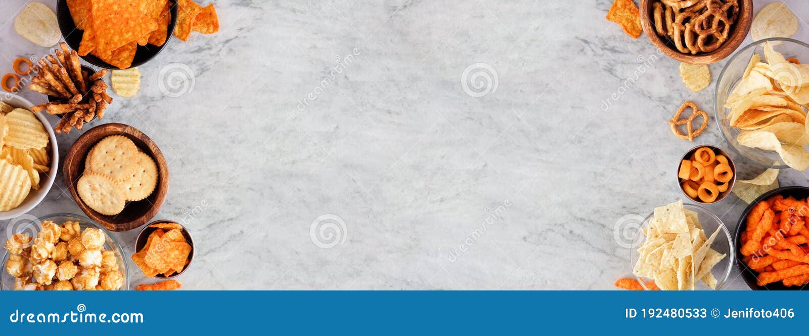 Assorted Salty Snacks, Top Down View Corner Border On A Wood Banner ...