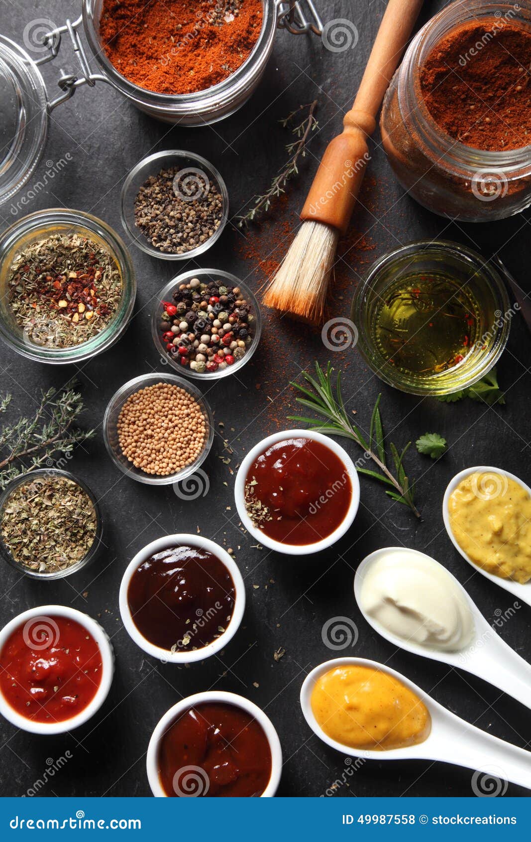 Assorted Seed Type Spices and Sauces on the Table Stock Photo - Image ...