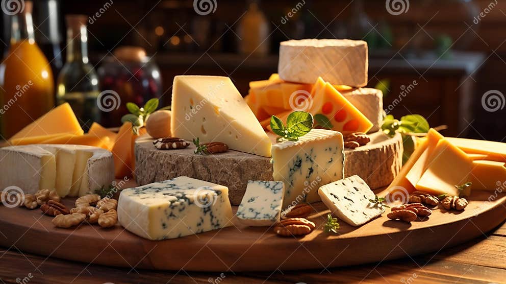 Assorted Selection of Cheese Varieties on a Wooden Cutting Board, AI ...