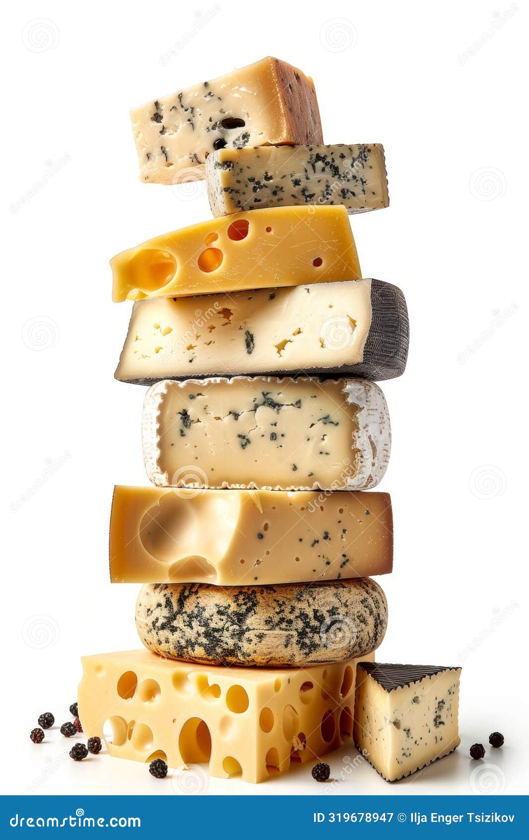 Assorted Selection of Different Types of Cheeses Stacked on Clean White ...