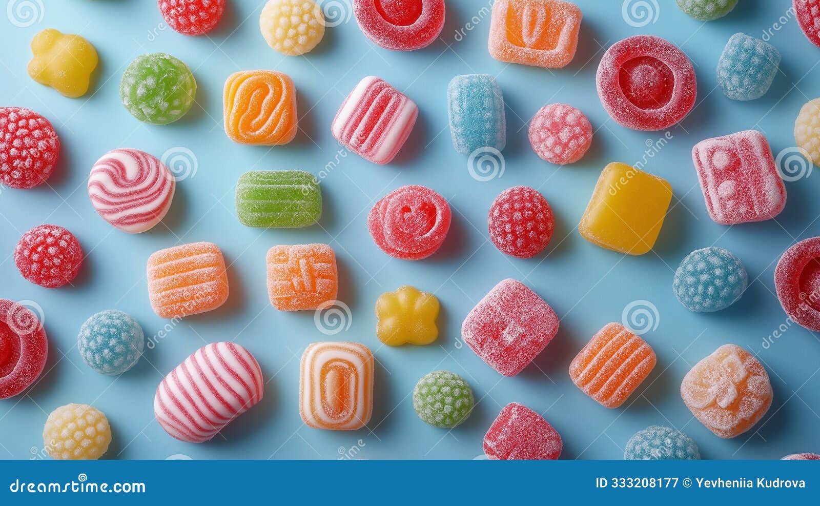 Assorted Shapes Candy Varieties Scattered on a Blue Background ...