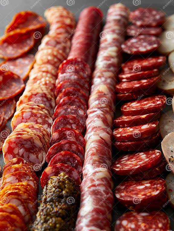 Assorted Slices of Various Cured Meats Arranged Neatly in Rows. Stock ...