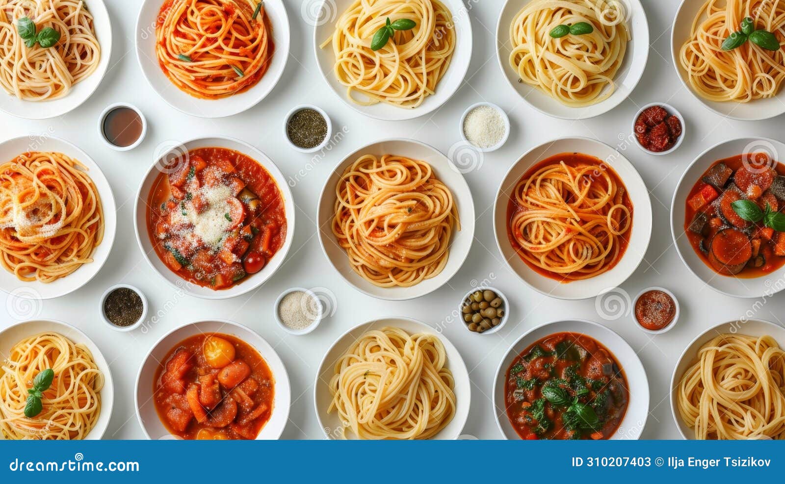 Assorted Spaghetti Dishes Featuring Various Pastas and Sauces on White ...