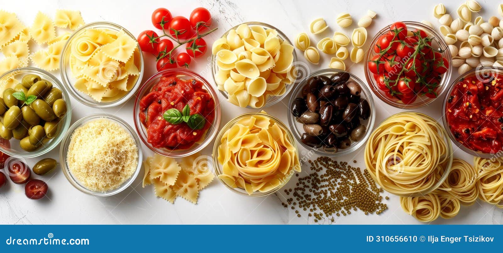 Assorted Spaghetti Dishes with Various Pasta Shapes and Sauces on White ...