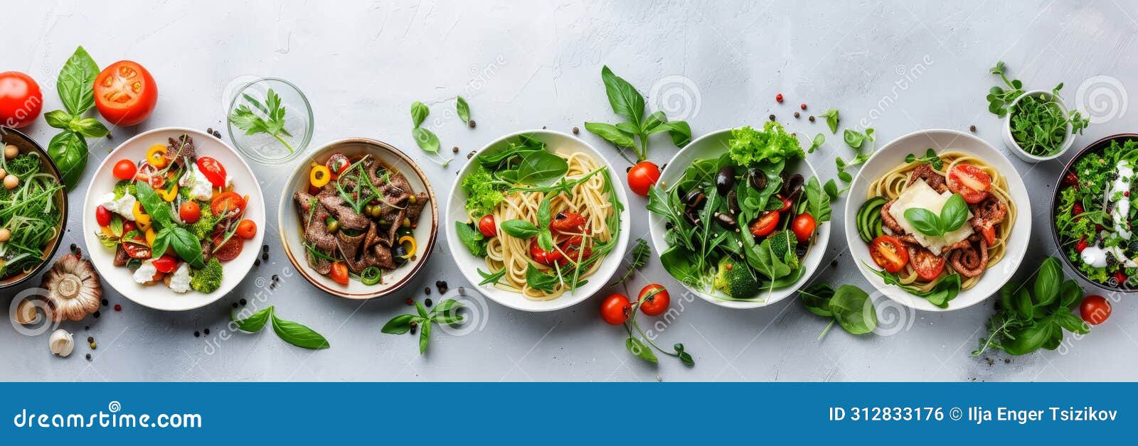 Assorted Spaghetti Dishes With Various Pastas And Sauces On White ...