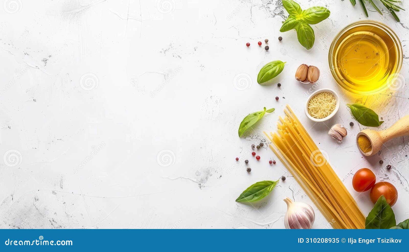 Assorted Spaghetti Dishes With Various Pastas And Sauces On White ...