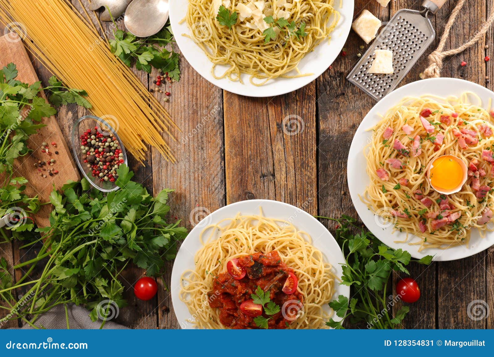 Assorted spaghetti meal stock image. Image of pesto - 128354831
