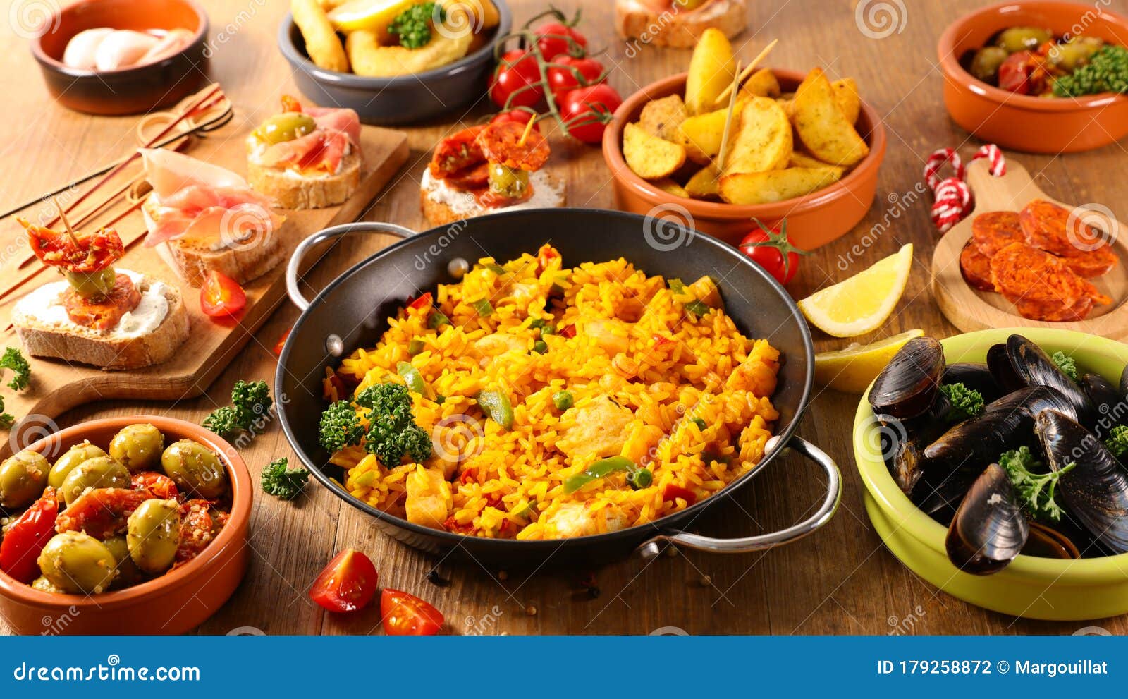 Assorted of spanish dish stock photo. Image of mussel - 179258872