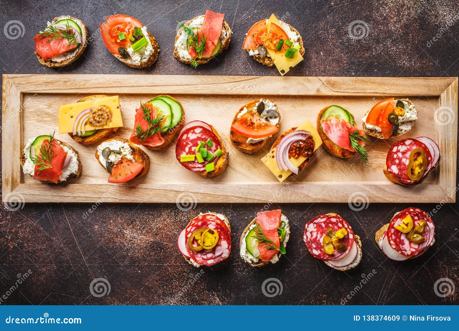 Assorted Spanish Tapas With Fish, Sausage, Cheese And Vegetables. Dark ...