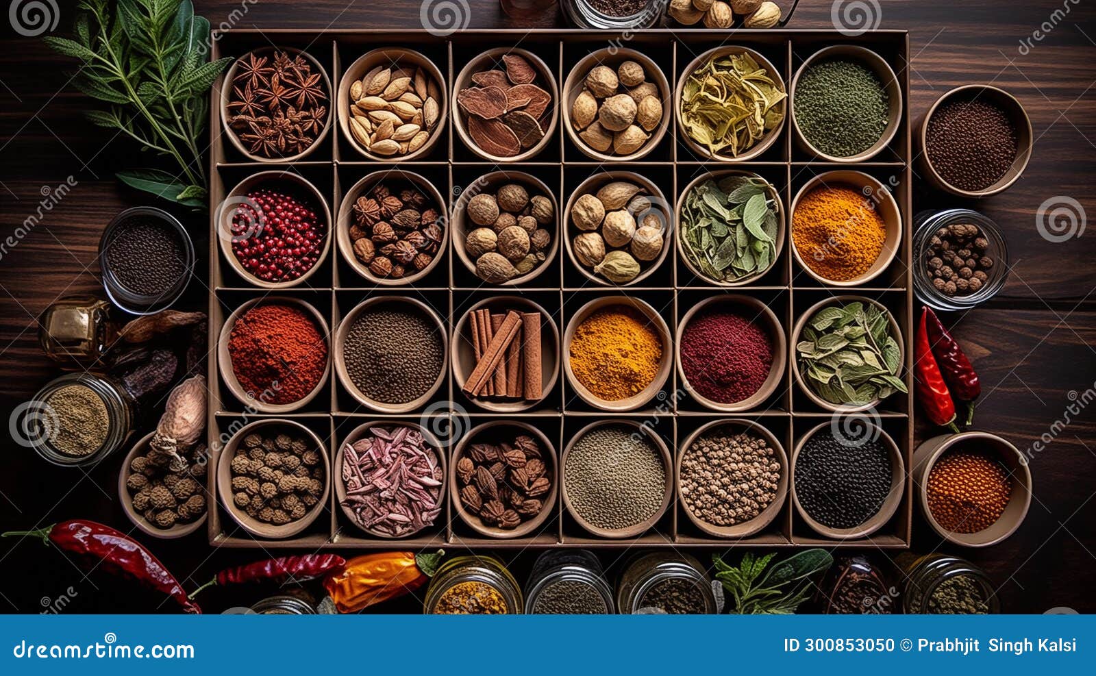 Assorted Spices and Herbs in Wooden Boxes, Top View Stock Illustration ...