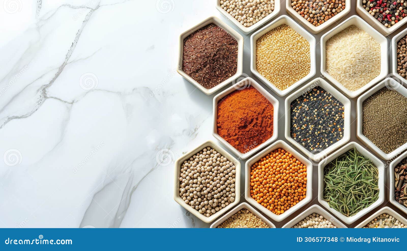 Assorted Spices in Hexagonal Containers on a Marble Background Stock ...