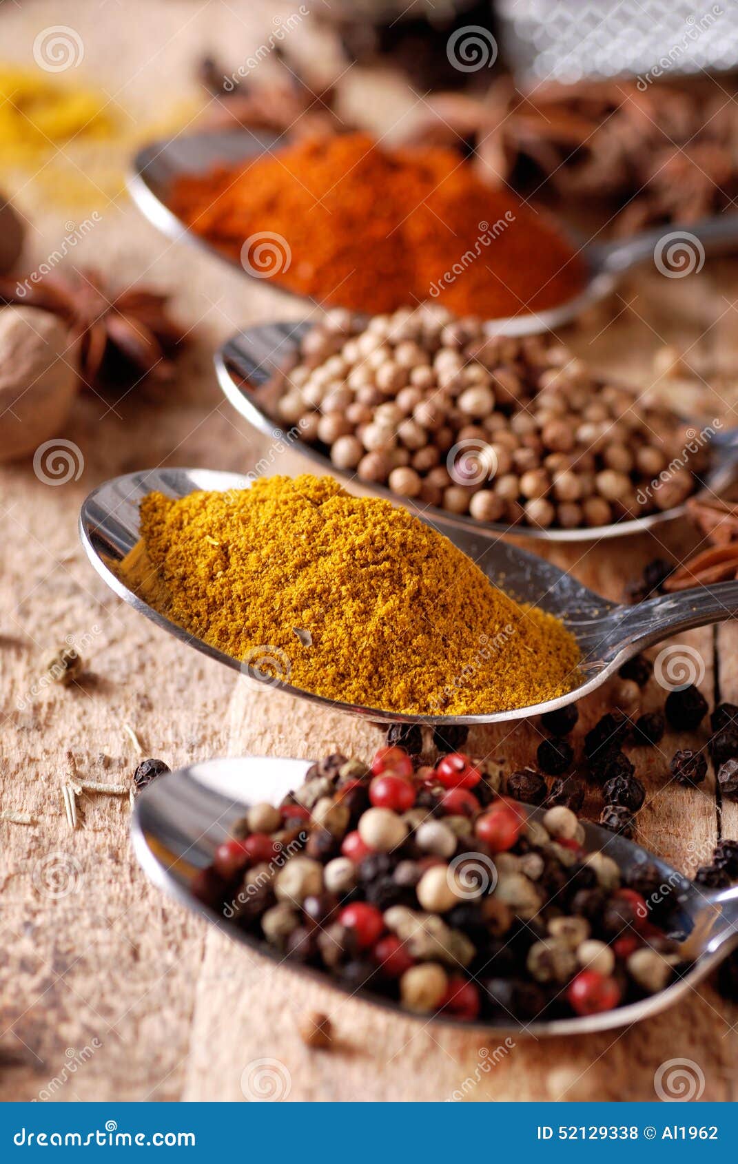 Assorted spices in spoon stock photo. Image of pepper - 52129338