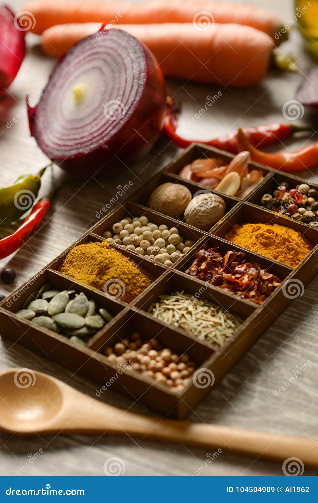 Assorted Spices in Wooden Container Stock Image - Image of heap, cumin ...