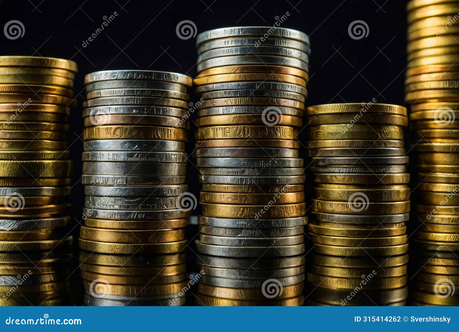 Assorted Stacks of Coins on Black Backdrop Stock Illustration ...