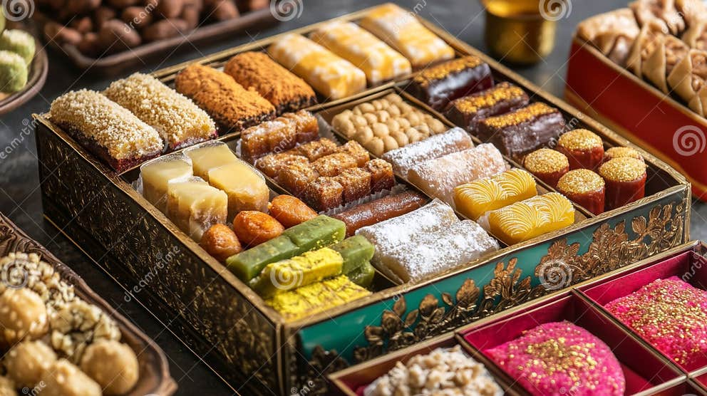 Assorted Sweets and Confectionery in an Ornate Box Stock Illustration ...