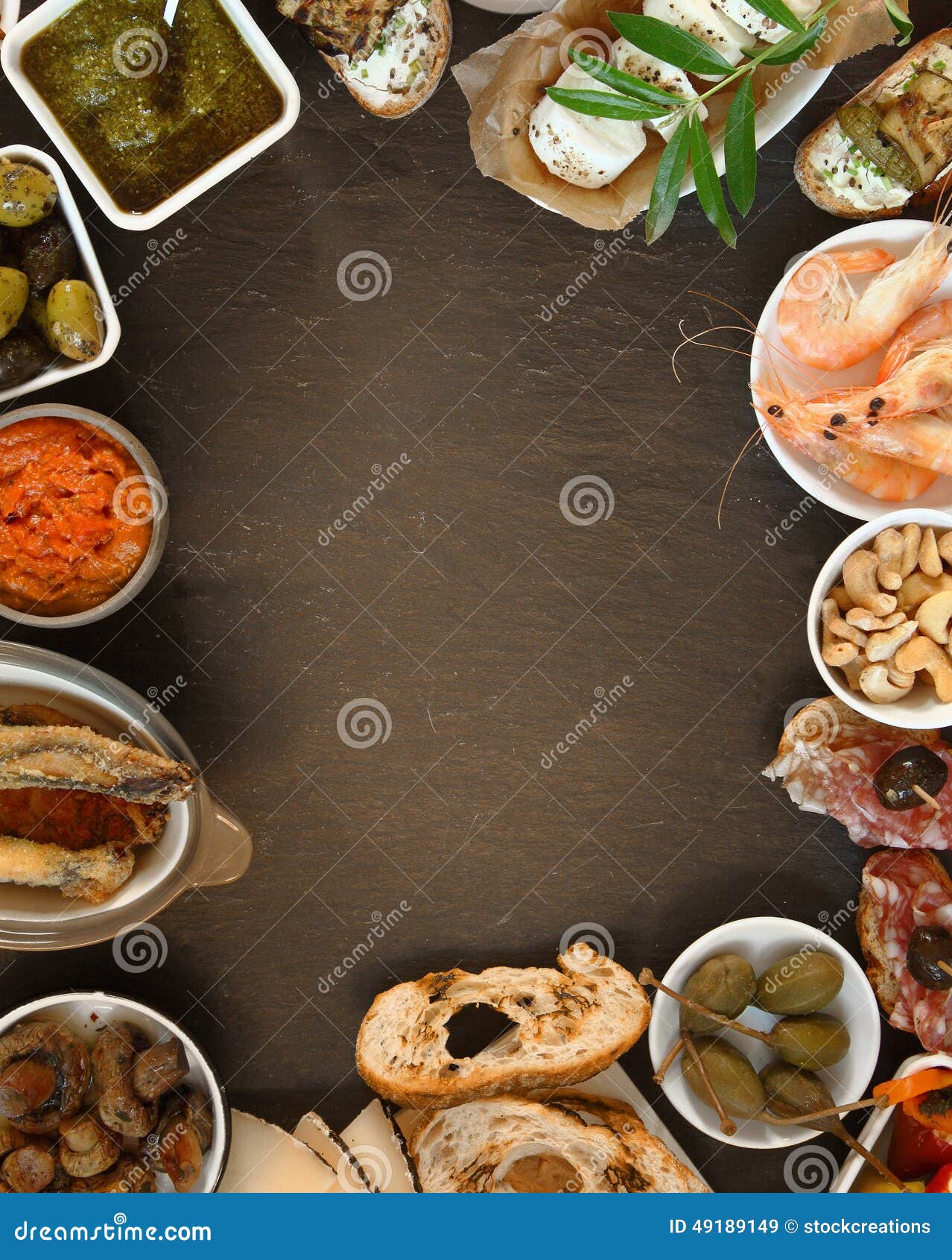 Assorted Tapas on Table with Copy Space at Center Stock Image - Image ...