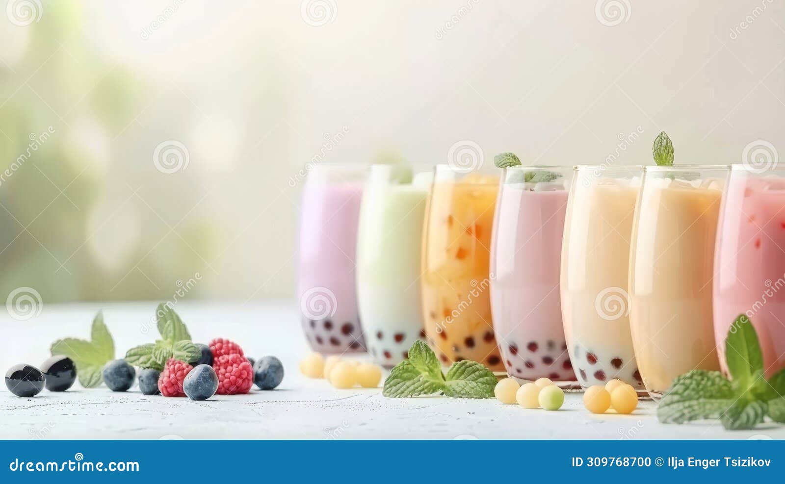 Assorted Tapioca Bubble Teas on Blurred Coffee Shop Background with ...