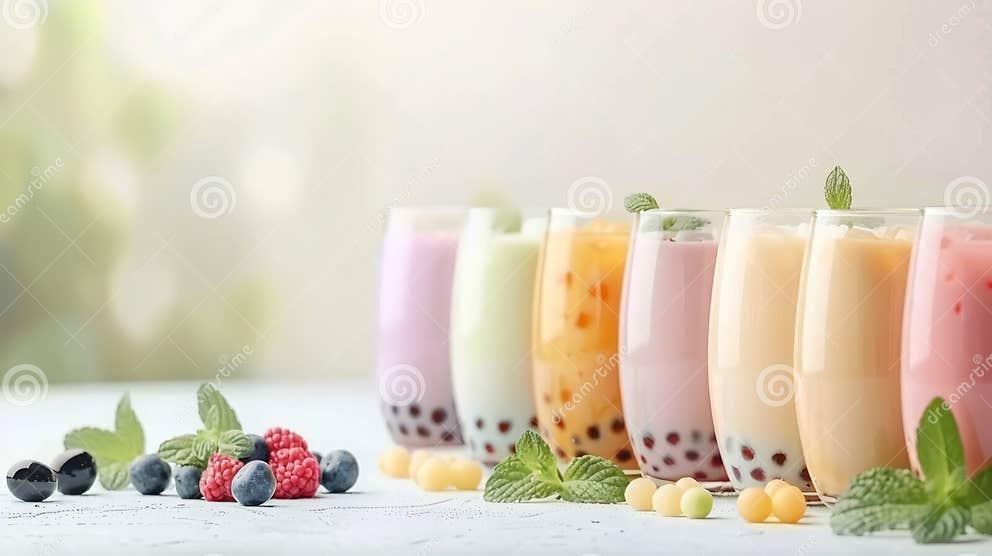 Assorted Tapioca Bubble Teas on Blurred Coffee Shop Background with ...