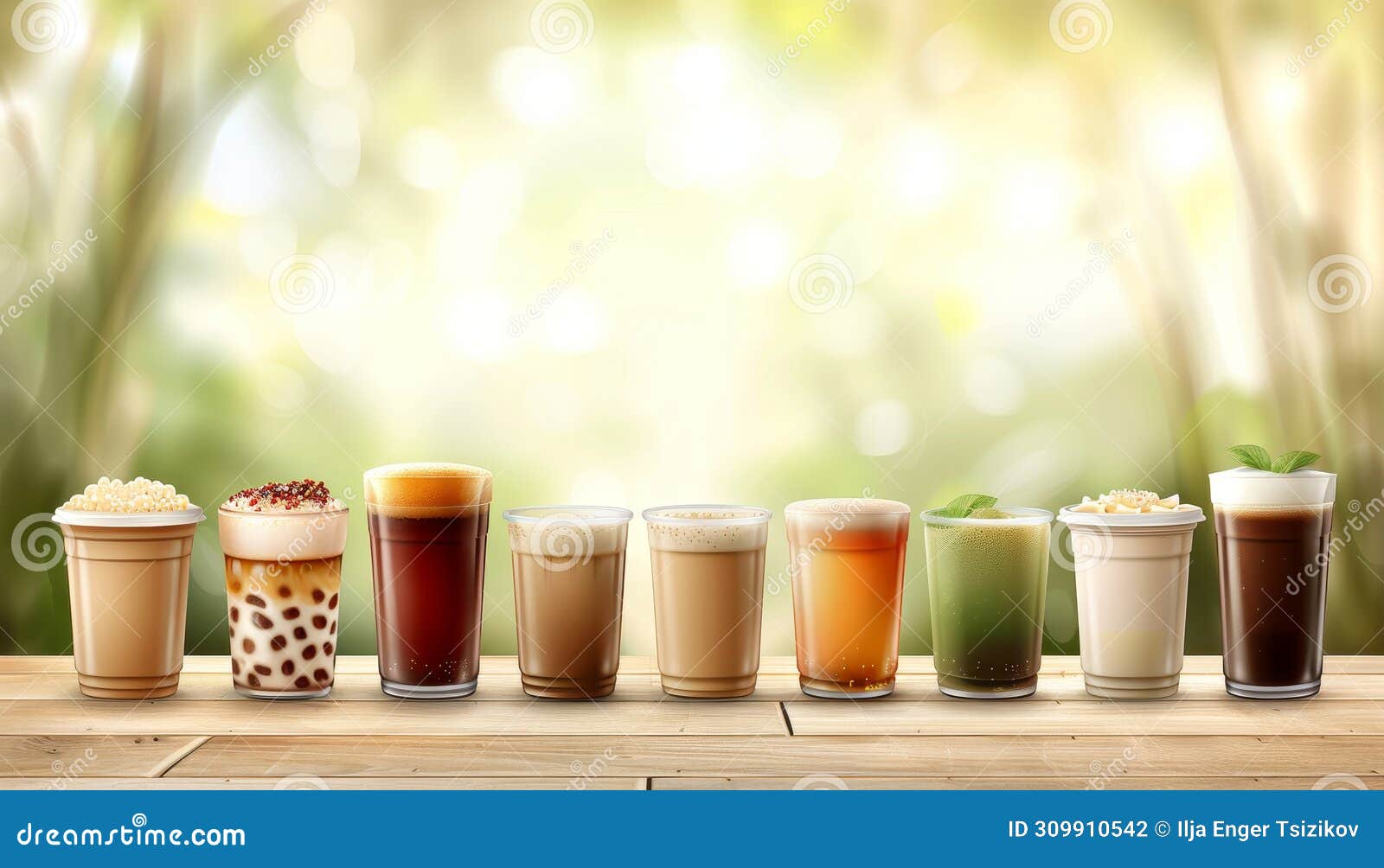 Assorted Tapioca Bubble Teas on Blurred Coffee Shop Background with ...