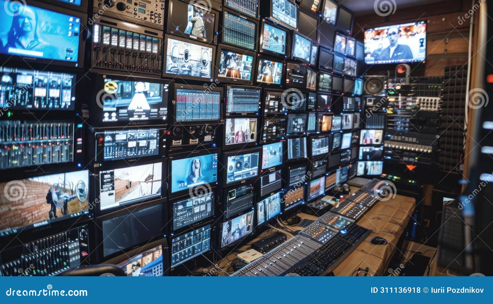 Assorted Television Screens Cover the Wall in a Control Room with a ...