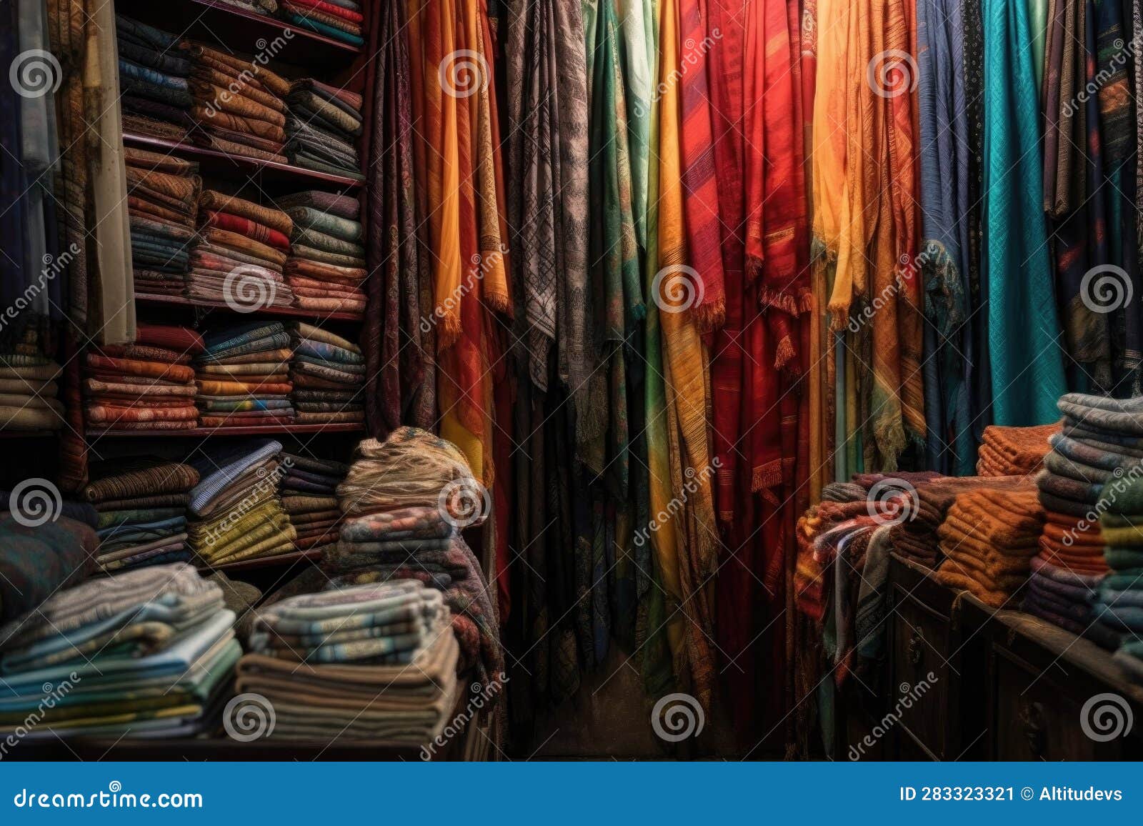 Assorted Textiles and Fabrics Hanging at a Market Stall Stock Image ...