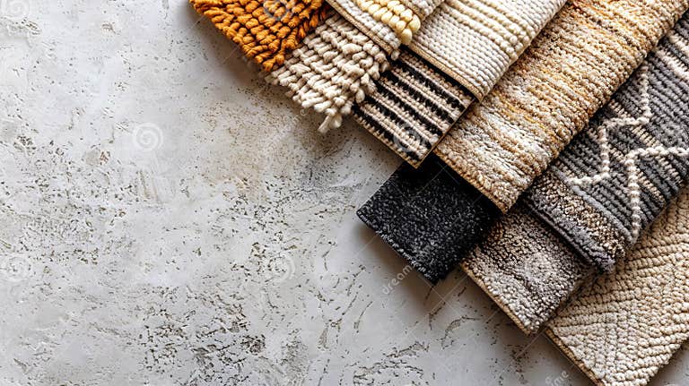 Assorted Textured Carpet Samples on Concrete Surface for Interior ...