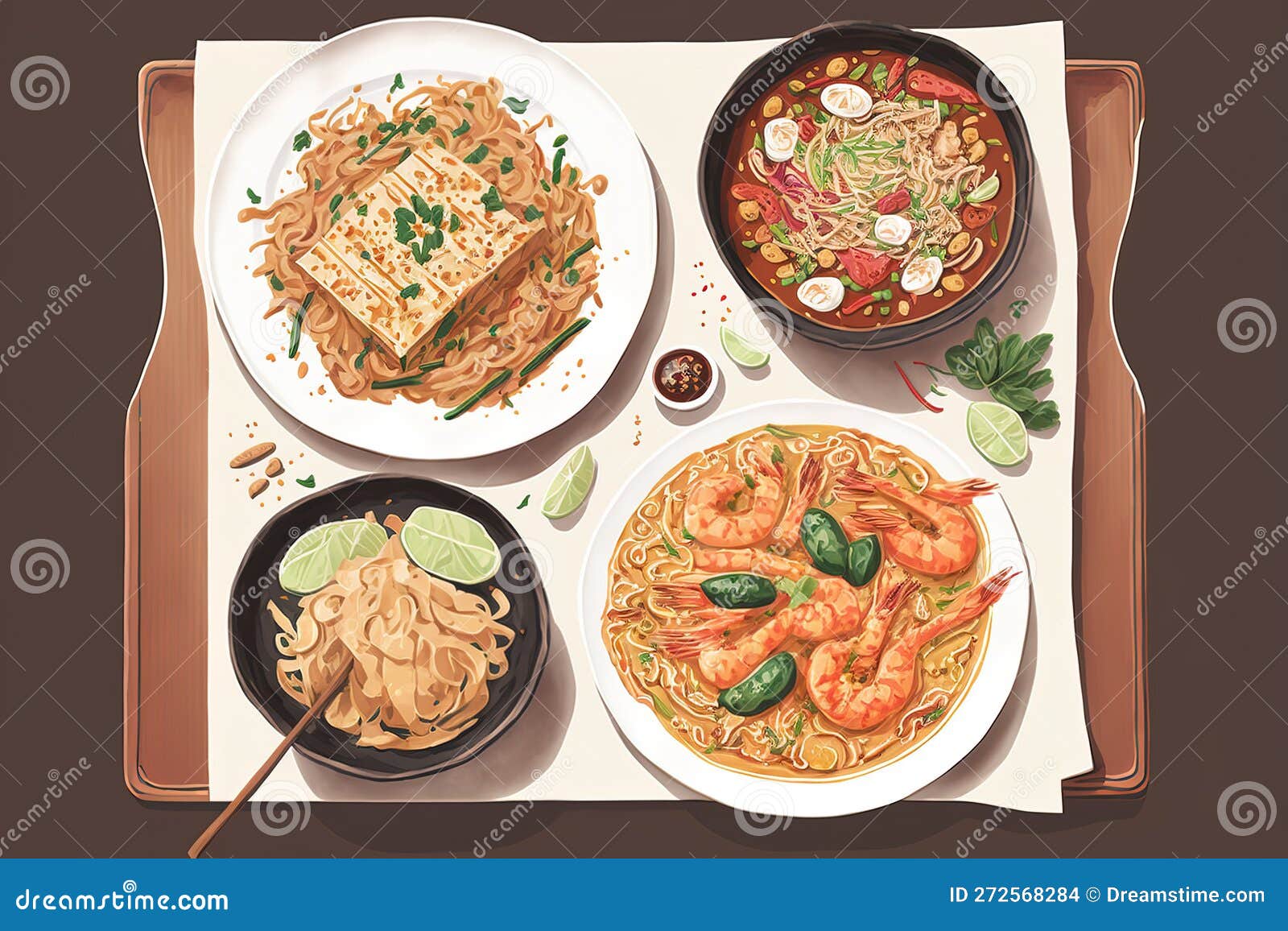 Assorted Thai Food with Shrimp Pad Thai and Panang Curry Stock ...