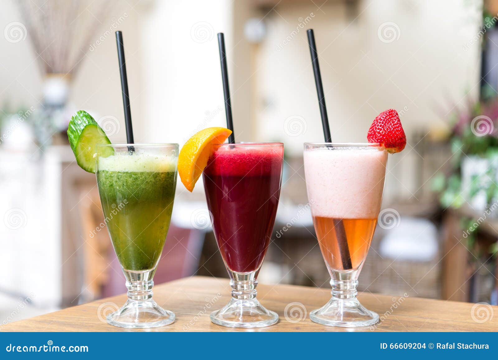 Assorted Three Fresh Smoothies on Wooden Table Stock Photo - Image of ...