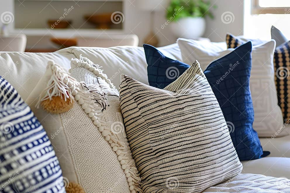 Assorted Throw Pillows with Textures and Patterns on a Modern Couch ...