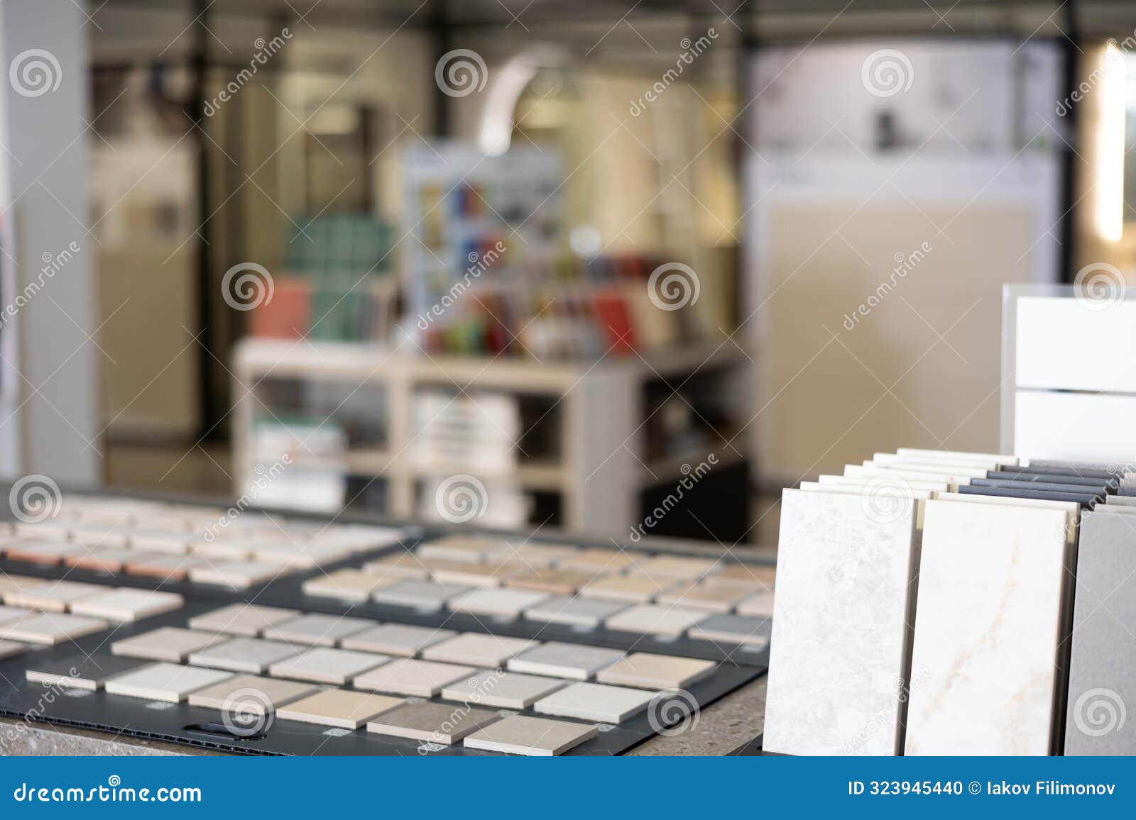 Assorted Tile Samples Presented on Display Boards in Store Stock Photo ...