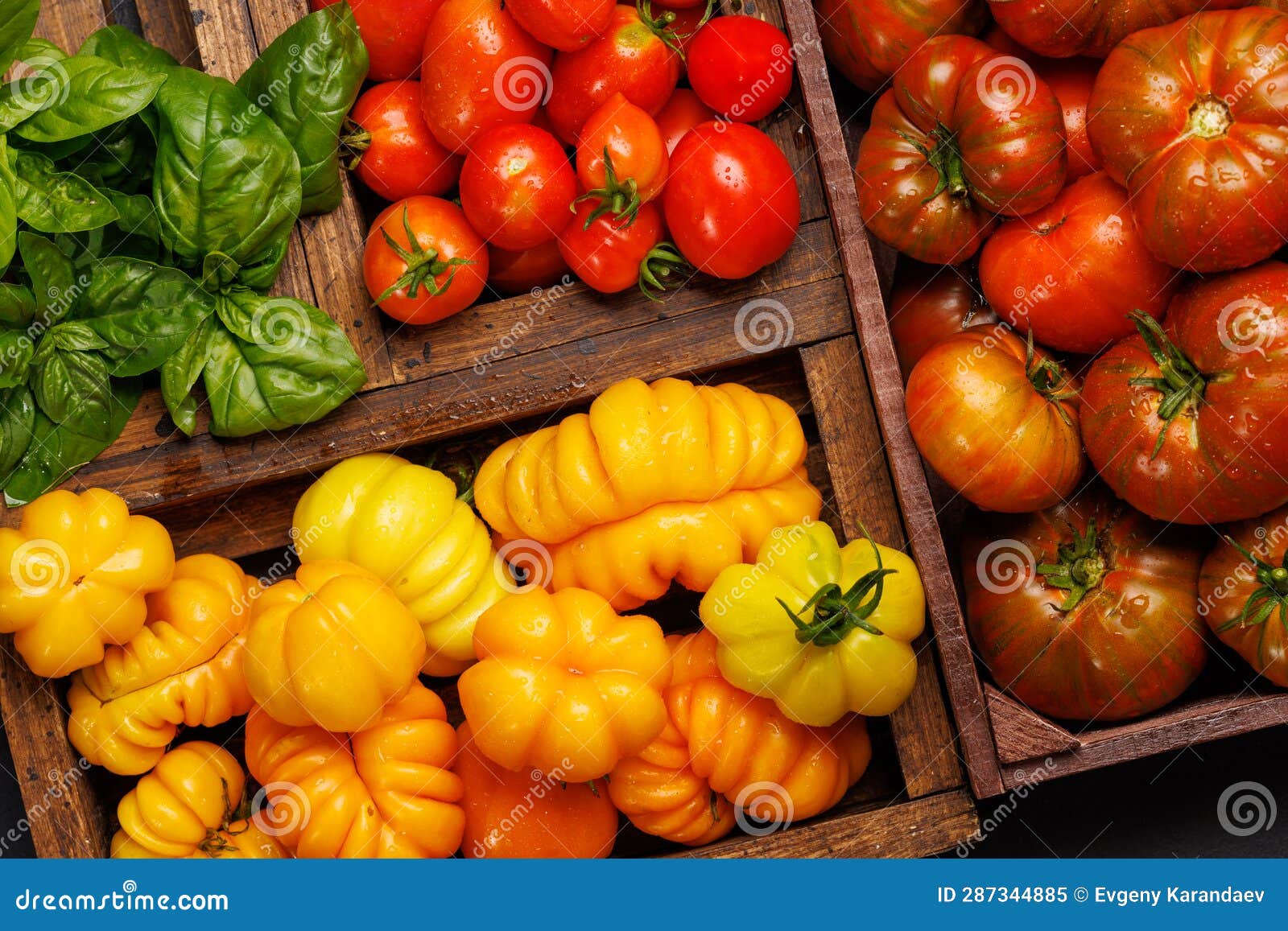 Assorted Tomatoes in Rustic Crate Stock Image - Image of wooden ...