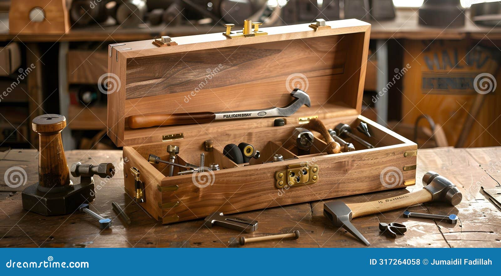 Assorted Tools in Wooden Toolbox on Workbench in Organized Workshop ...