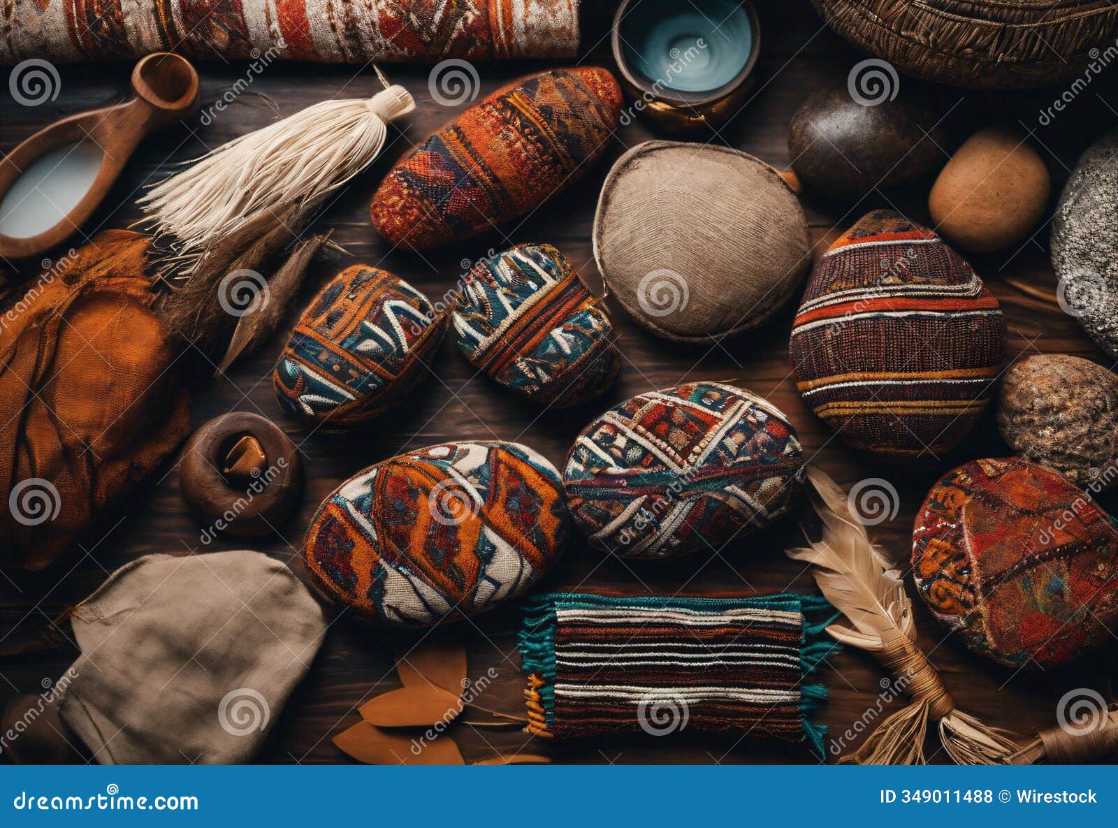 Assorted Tribal Textiles and Artifacts on Display. Stock Illustration ...