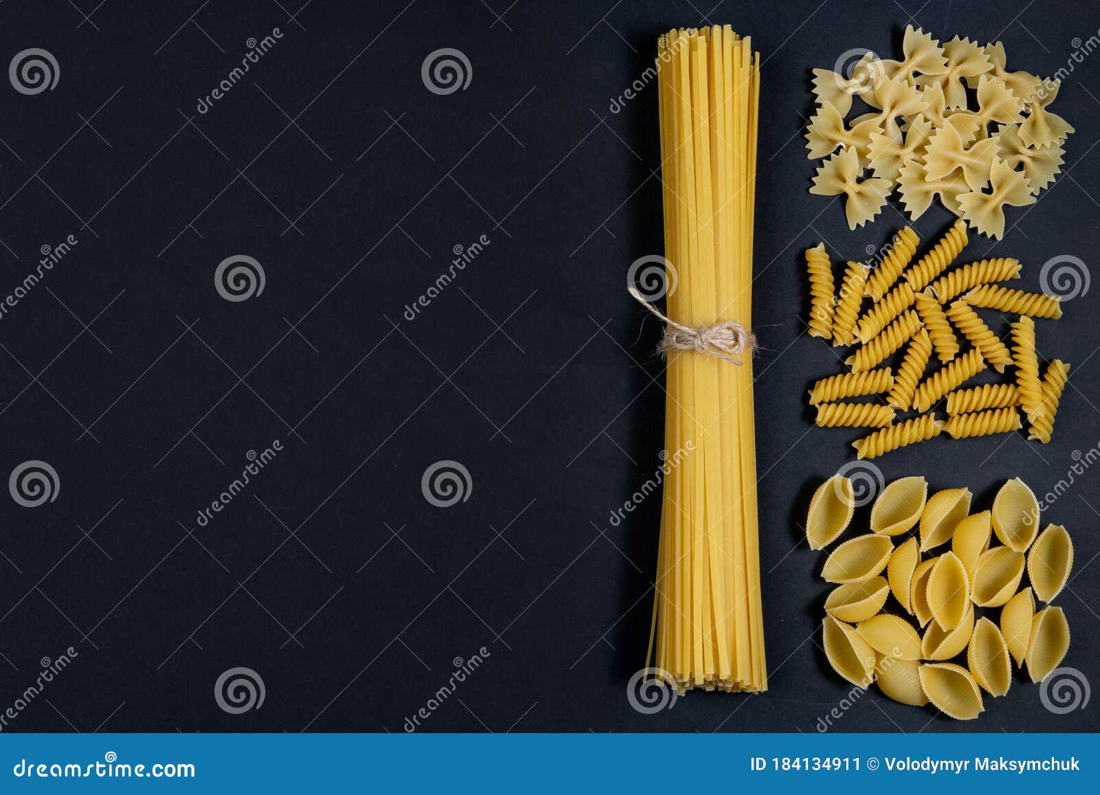 Assorted Types of Pasta on Black Background. Top View. Various Forms of ...