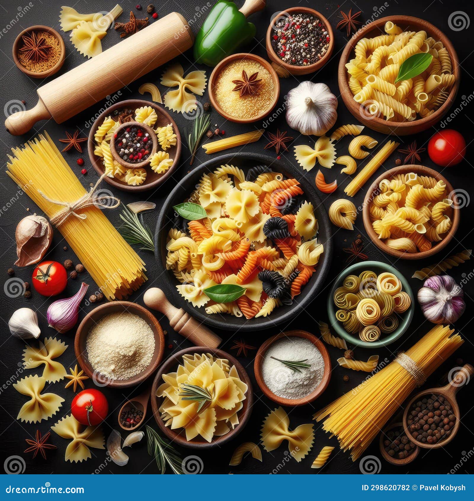 Assorted Types of Pasta on Black Background. Top View Stock Photo ...