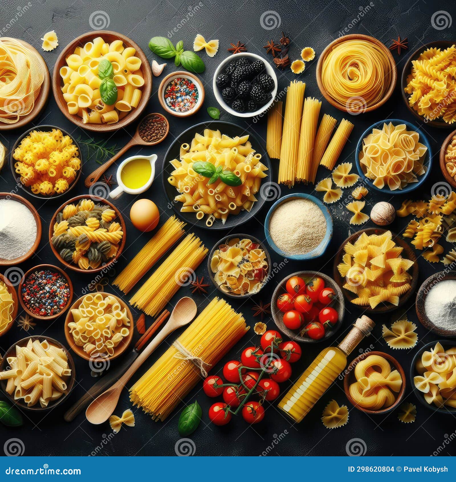 Assorted Types of Pasta on Black Background. Top View Stock Photo ...