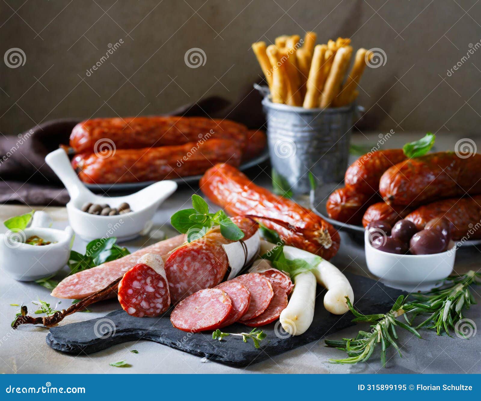 Assorted Types of Sausages on Table Stock Illustration - Illustration ...