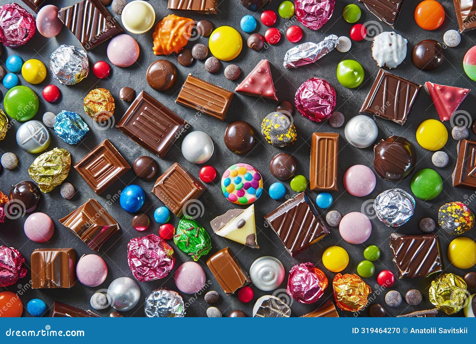 Assorted Types of Vibrant Chocolate Candies Spread Out on a Table with ...